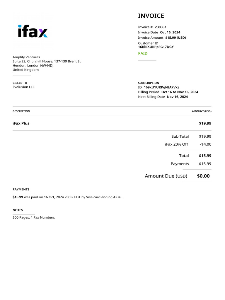 Invoice for iFax Plus Subscription | PDF | Banking Technology | Payments