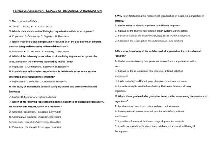 Levels of Biological Level Formative Assessment | PDF | Biology | Ecosystem