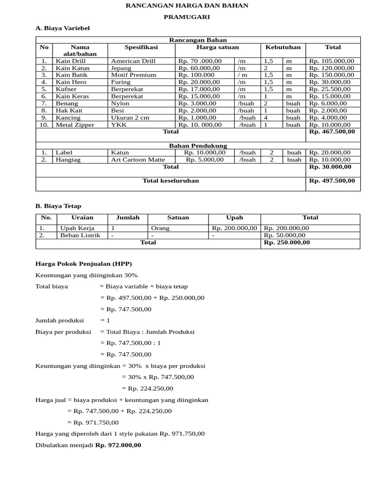 Rancangan Harga Dan Bahan Manajemen Uts | PDF