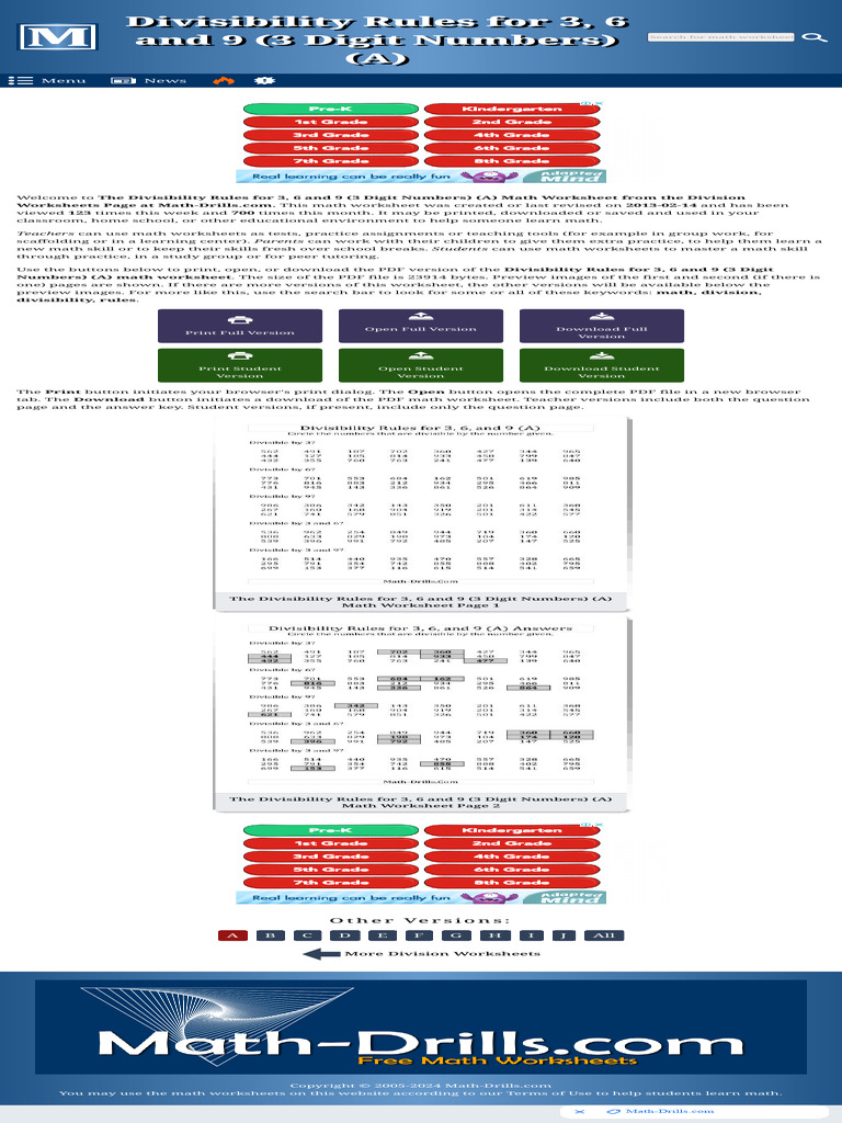 Divisibility Rules for 3, 6, 9 Worksheets | PDF | Worksheet | Software