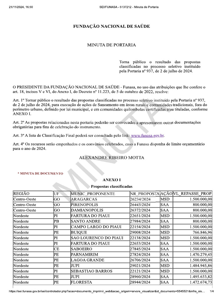 SEI - FUNASA - 5137212 - Minuta de Portaria | PDF