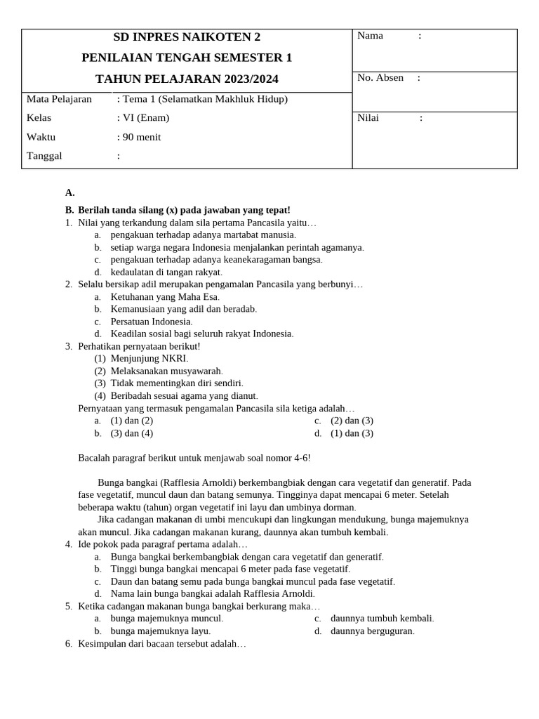 UTS TEMA 1 Kelas 6 | PDF