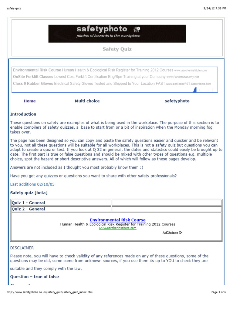 Safety Quiz | PDF | Occupational Safety And Health | Personal ...