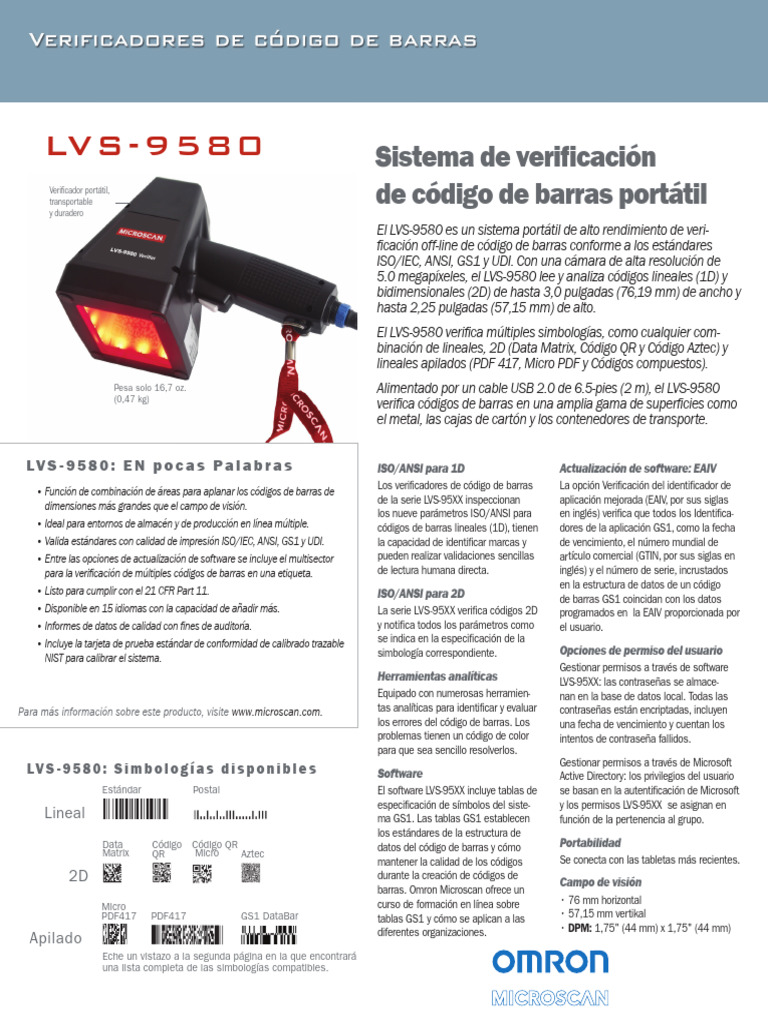 lvs-9580 Datasheet Es | PDF | Código de barras | Contraseña