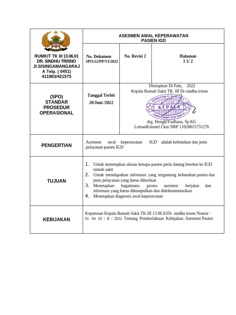 Asesment Awal Pasien Keprawatan Igd | PDF