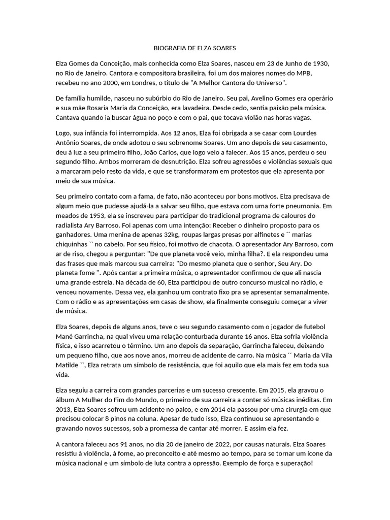 Biografia de Elza Soares - História | PDF