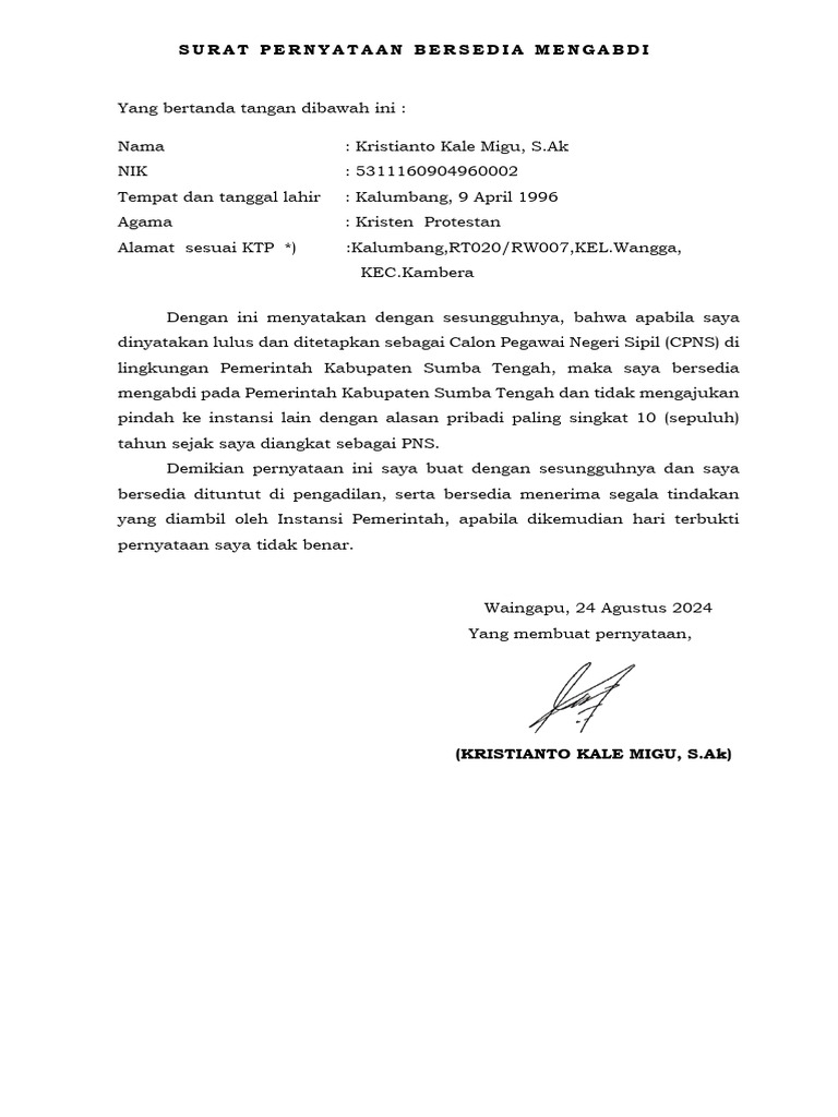 SURAT PERNYATAAN BERSEDIA MENGABDI, CPNS Contoh | PDF