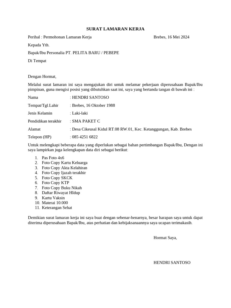 Surat Lamaran Kerja Supir Bis | PDF