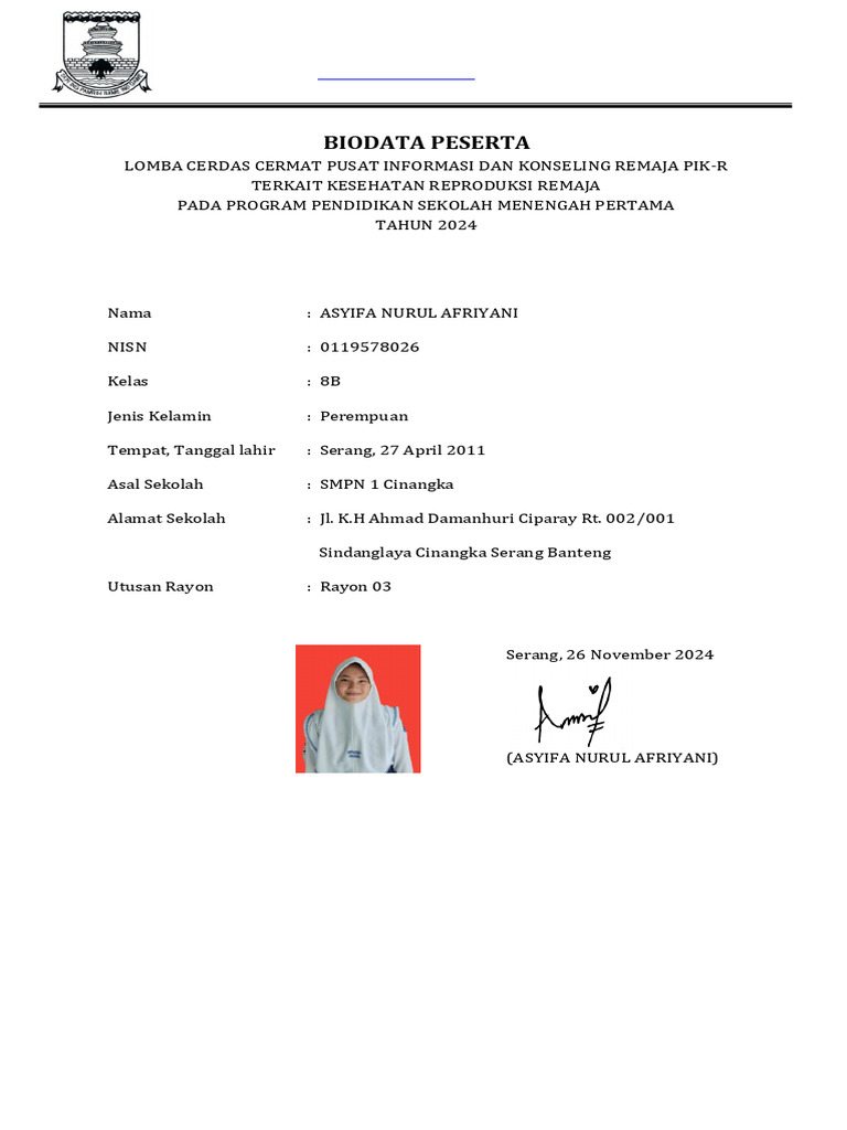 Formulir Pendaftaran Pik - R Asyifa Nurul Afriyani | PDF