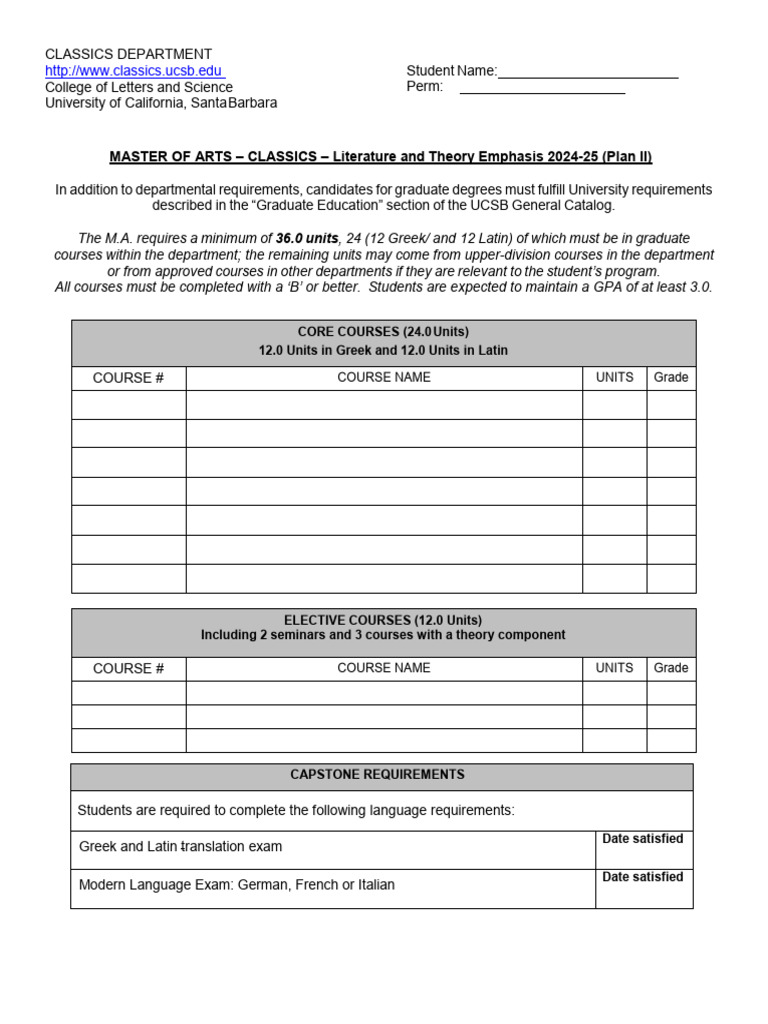 Master of Arts Classics Literature and Theory Emphasis 2024 25 | PDF | Thesis | Qualifications
