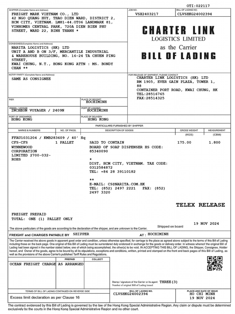 Clvshkg24002394 Telex BL | PDF