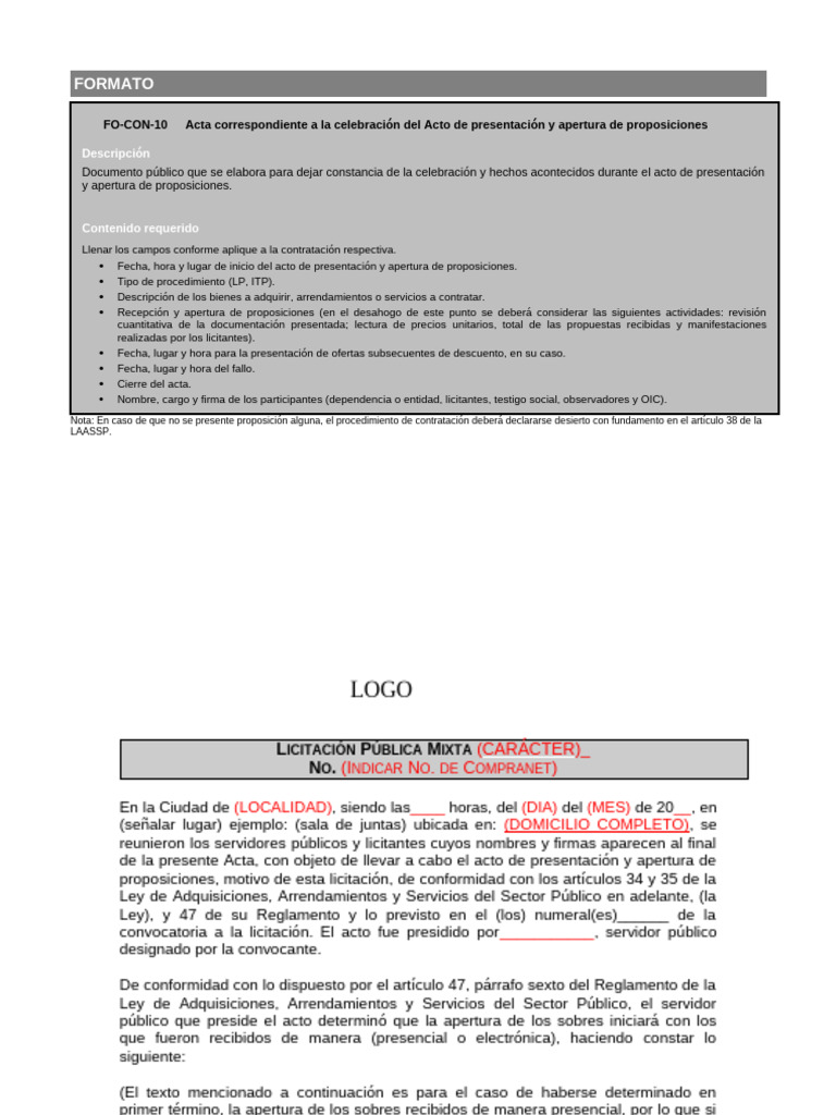 Focon-10 Acta Apertura Proposiciones | PDF