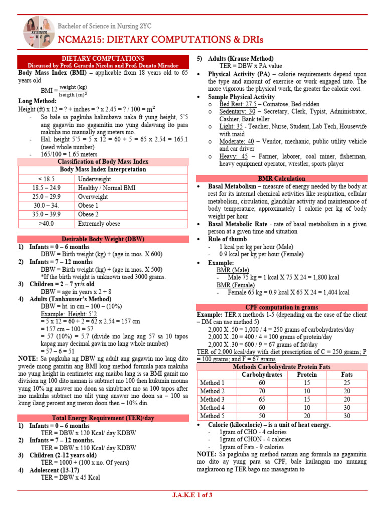 WK2 - Dietary Computation and DRIs | PDF | Nutrients | Human Nutrition