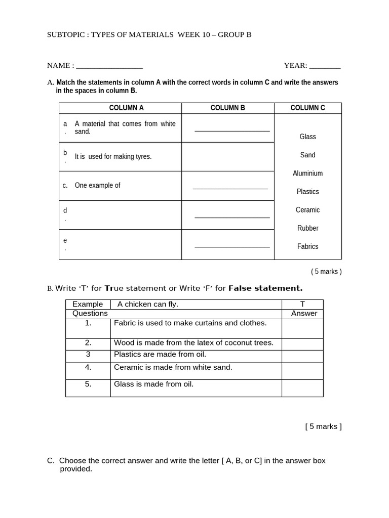 Group B Worksheet - Types of Materials | PDF | Natural Rubber | Materials