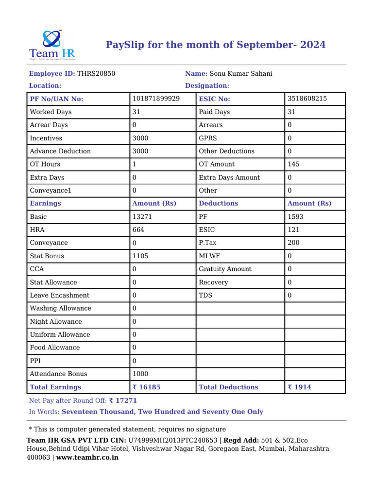 Payslip For The Month of September-2024: Employee Id: Name: Location ...