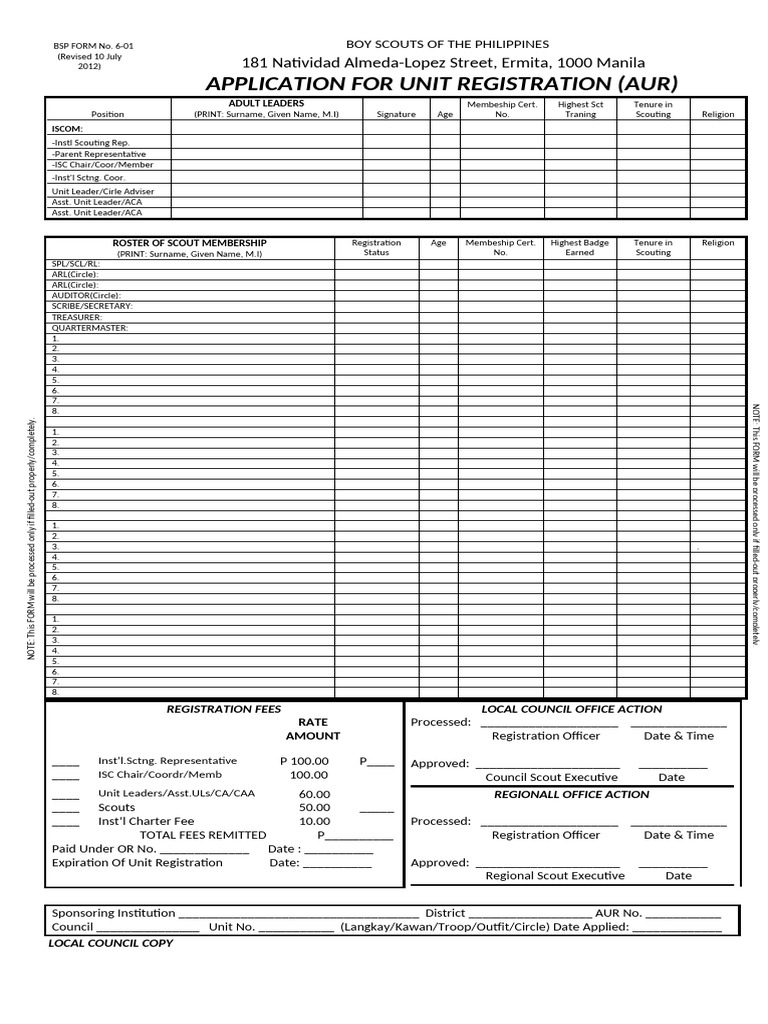 Application for Unit Registration Form | PDF | Scouting | Outdoor Recreation Organizations
