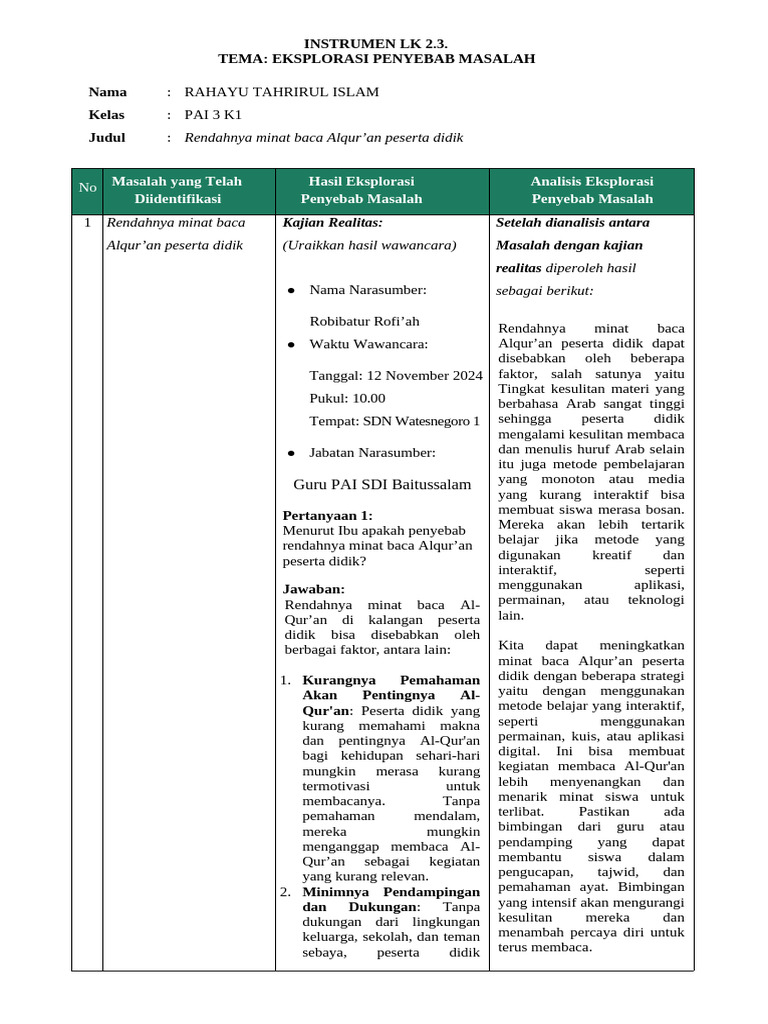 LK 2.3 Eksplorasi Penyebab Masalah (Wawancara) | PDF