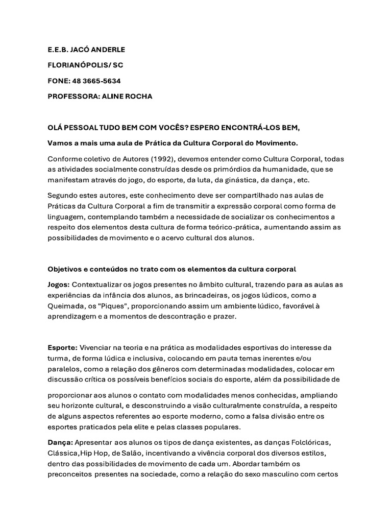 Aula 1 Pr-Tica Da Cultura Corporal Do Movimento | PDF