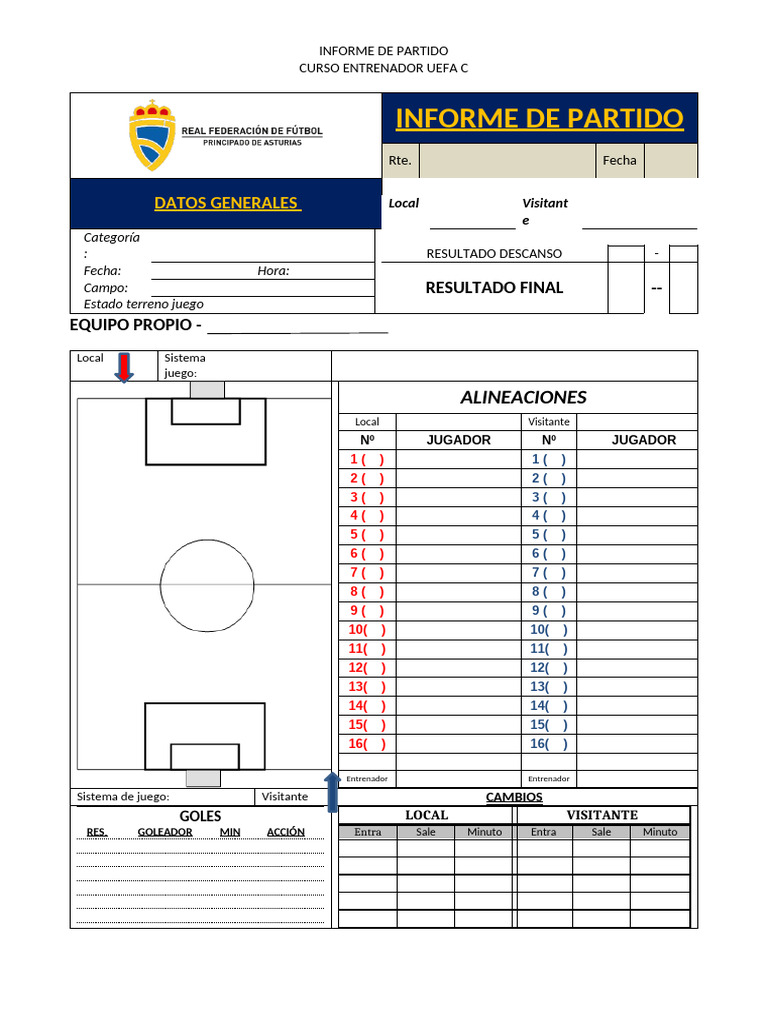 Modelo Informe de Partido en Word (Editable) Uefa C | PDF | Asociación ...