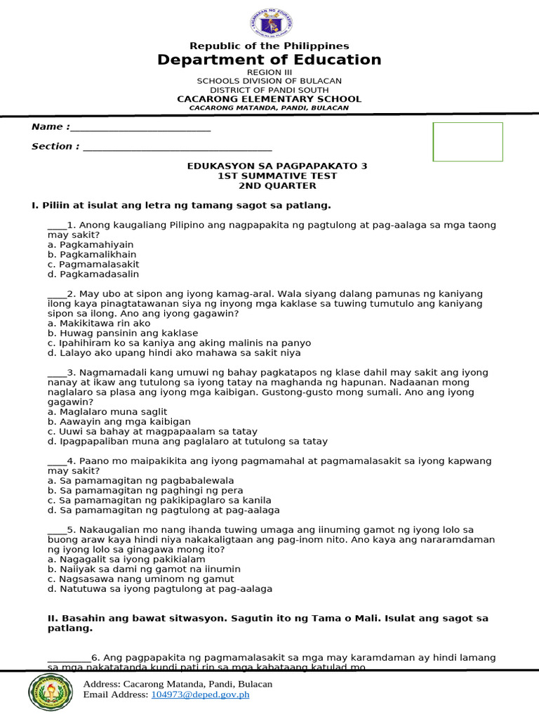 2ND Quarter 1ST Summative Test | PDF