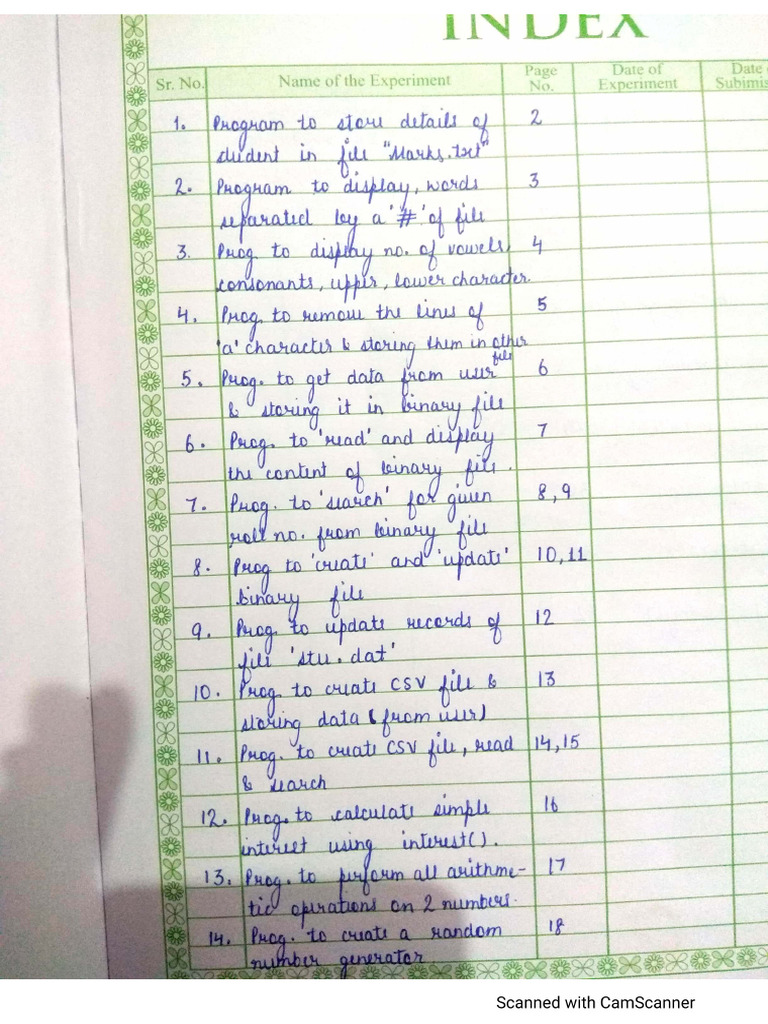 Index of Practical File | PDF