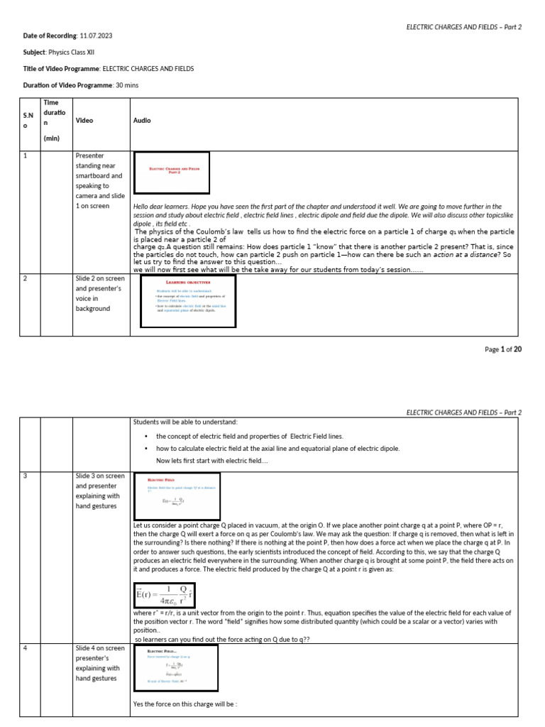 CH 1 Phy Part 2 Script KVS 11.07.2023 | PDF | Electric Field | Flux