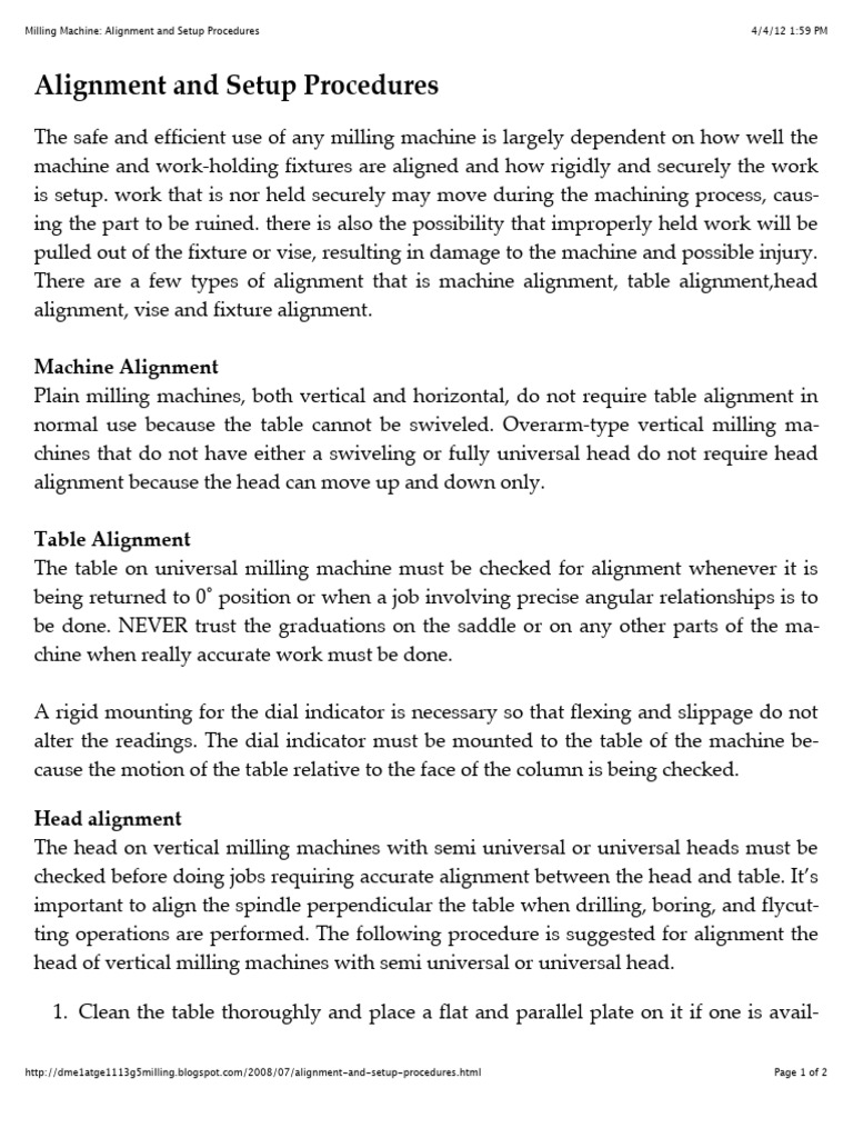 Milling Machine Alignment and Setup Procedures | PDF | Equipment ...