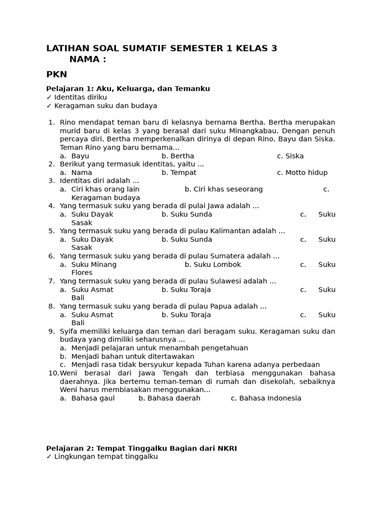 Latihan Sumatif 1 Kelas 3 - PKN | PDF