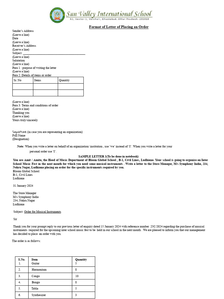 Format of Letter To Place An Order | PDF