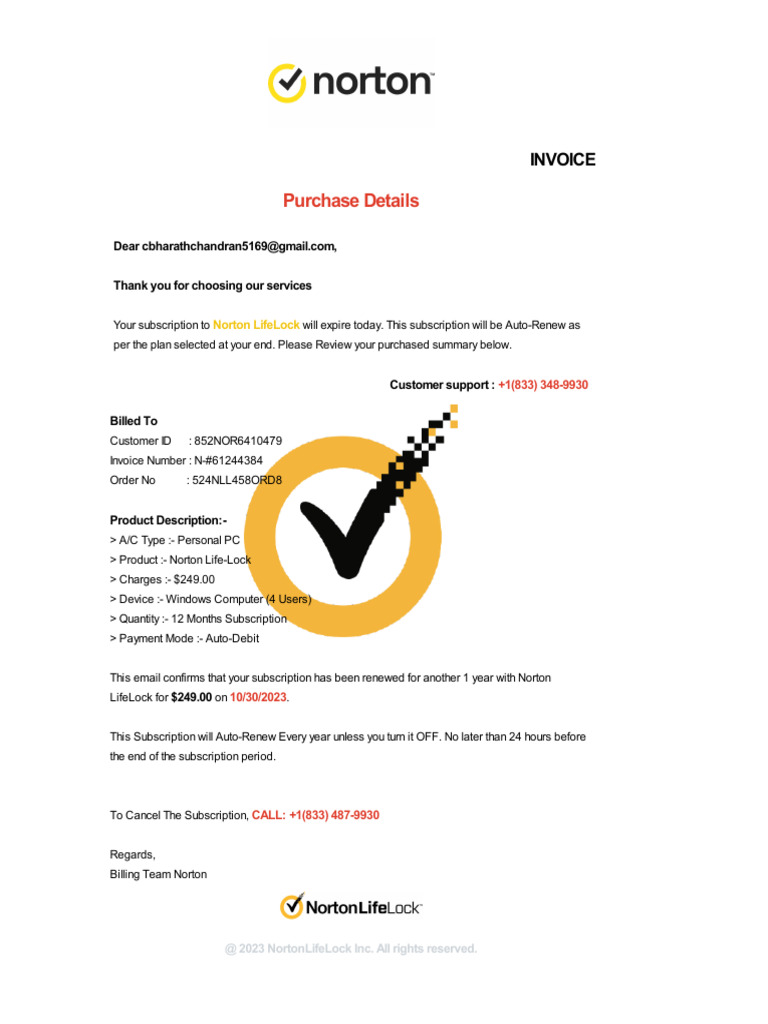 Norton LifeLock Subscription Renewal Invoice | PDF