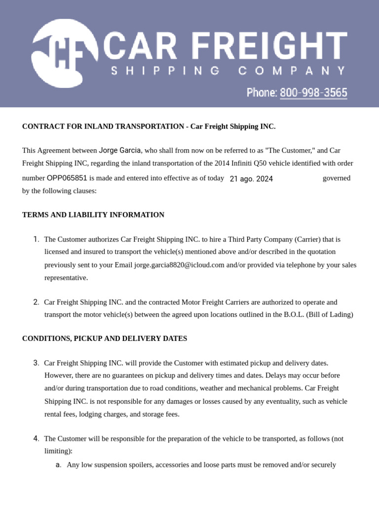 Inland Vehicle Transport Contract | PDF | Cargo | Freight Transport