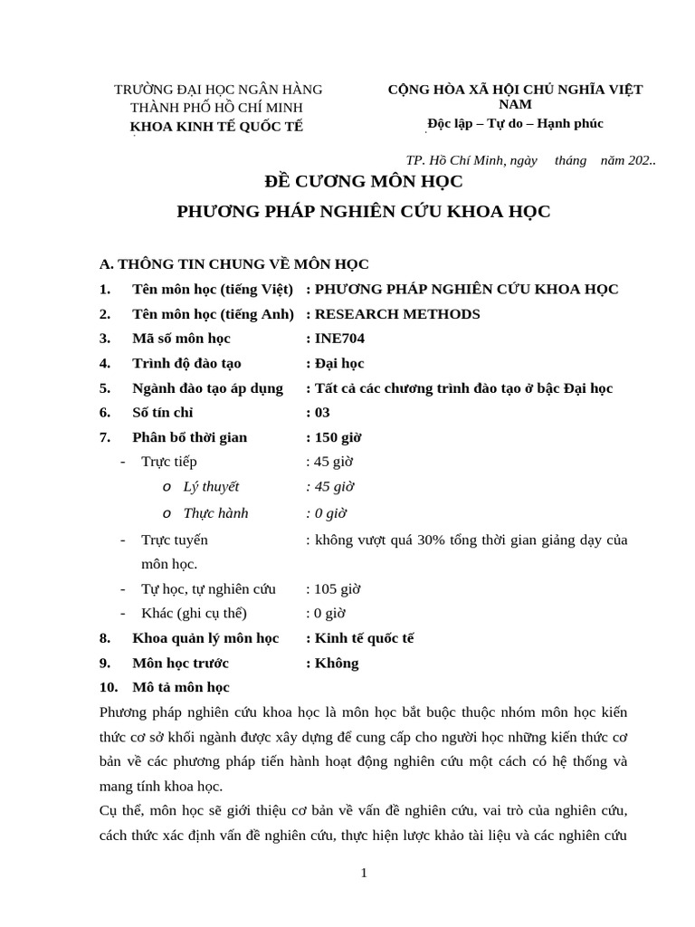 Ine704 - Decuongmonhoc - Phuong Phap Nghien Cuu Khoa Hoc | PDF