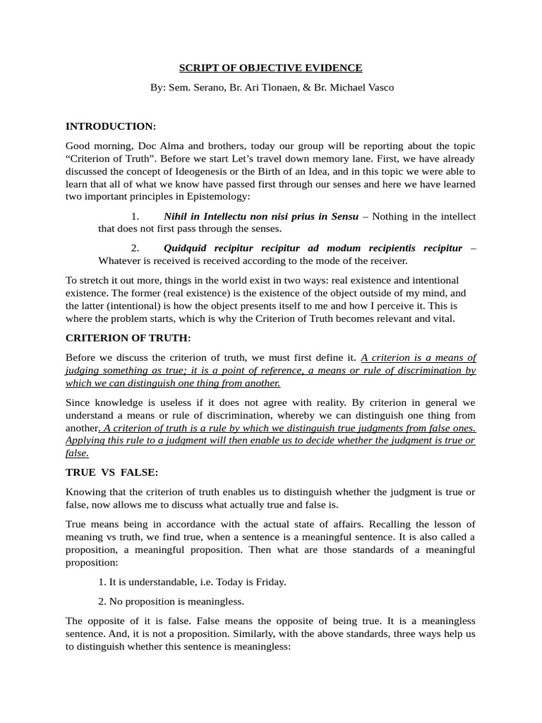 Script of Objective Evidence | PDF | Truth | Evidence
