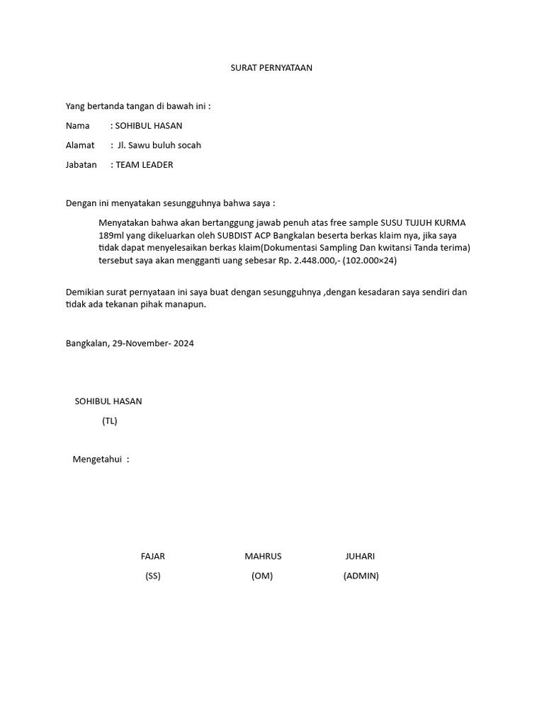 Surat Pernyataan Free Sample | PDF
