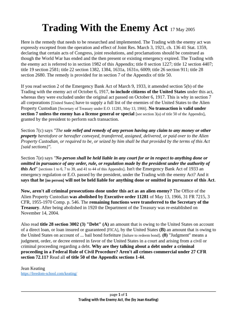 Trading With The Enemy Act (By Jean Keating) | PDF | Public Law ...