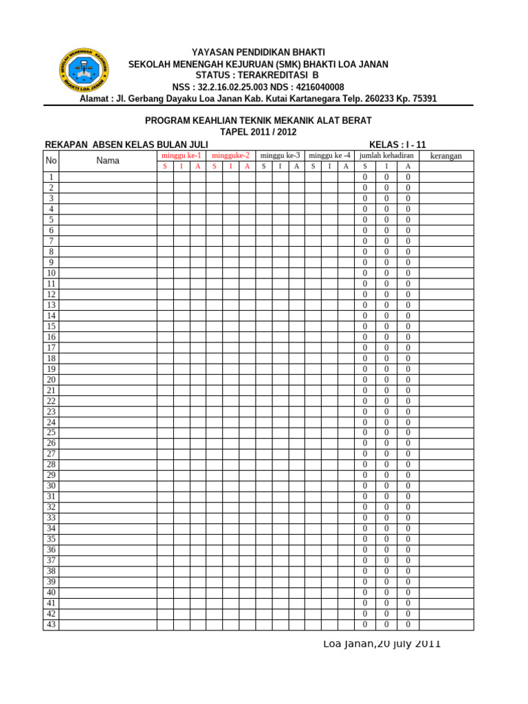 Rekapan Absen Kelas 1-11 | PDF