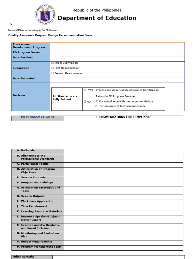 Quality Assurance Program Design Form | PDF