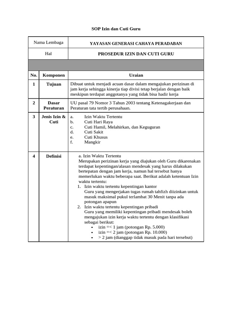 SOP Izin Dan Cuti Karyawan | PDF