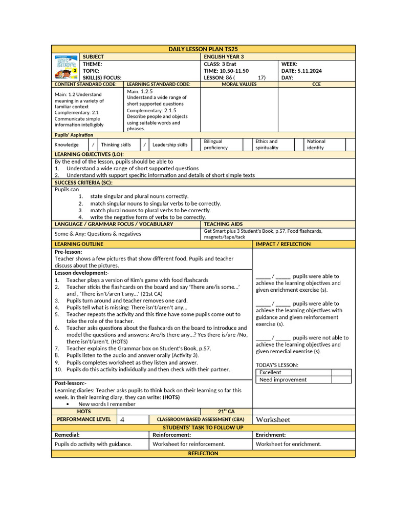 DAILY LESSON PLAN TS25 - Year 3 | PDF | Teachers | Plural