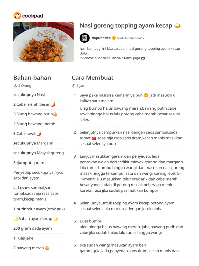 Resep Nasi Goreng Topping Ayam Kecap ? Oleh Dapur Adell ? - Cookpad | PDF
