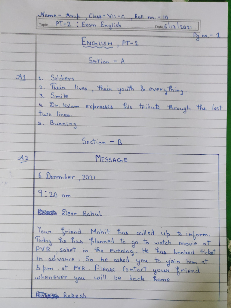 Name-Anup, Class-7c, Roll No. - 10, English PT 2 | PDF