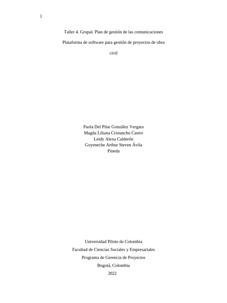 Taller 4. Grupal. Plan de Gesti N de Las Comunicaciones Proyecto de Grado Grupo 1 | PDF ...