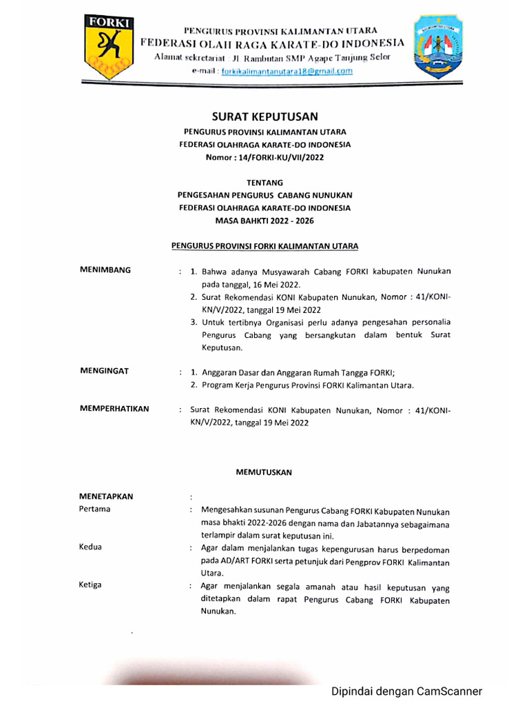 SK Pengkab FORKI Nunukan 2022-2026 | PDF