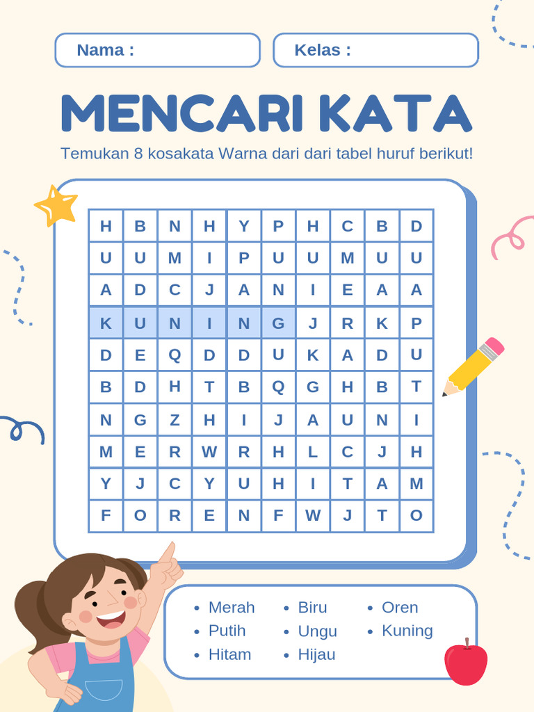 Lembar Kerja Mencari Kata Warna Biru Krem Ilustratif | PDF