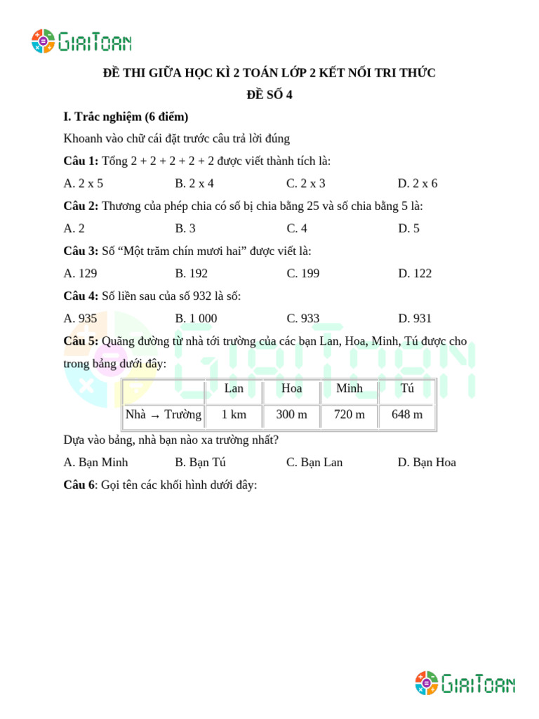 De Thi Giua Ki 2 Toan Lop 2 KNTT de 4 | PDF