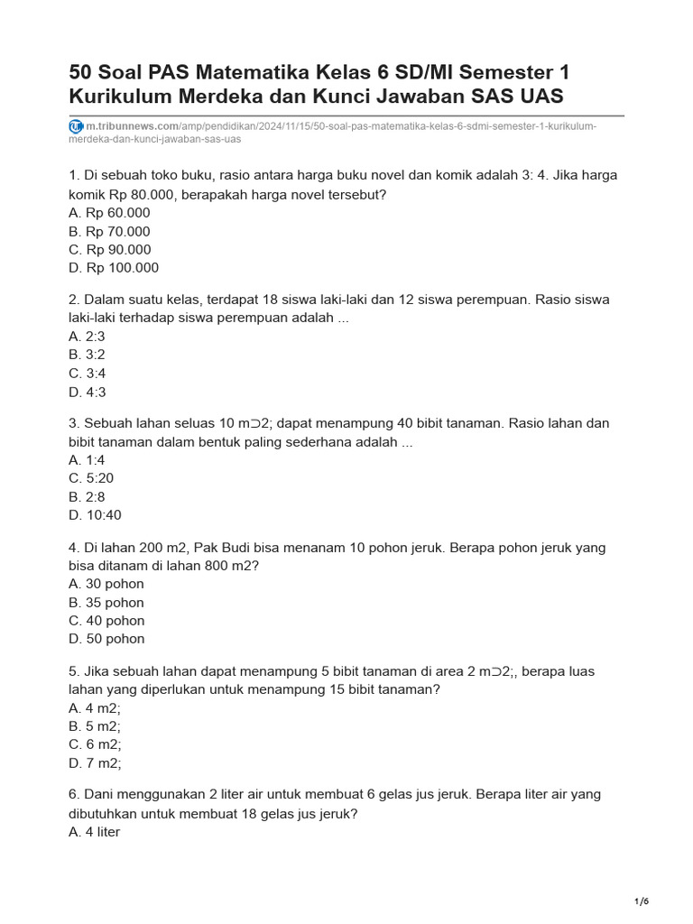50 Soal PAS Matematika Kelas 6 SDMI Semester 1 Kurikulum Merdeka Dan Kunci Jawaban SAS UAS | PDF