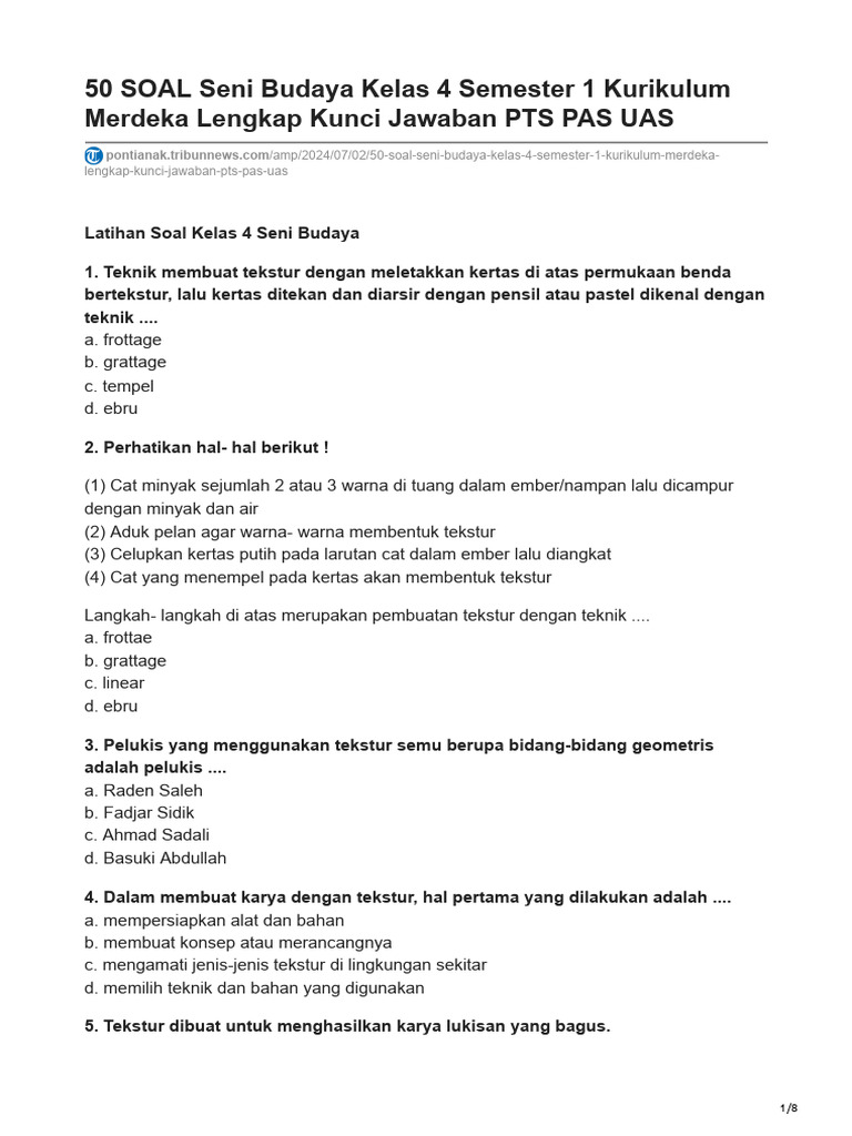 50 SOAL Seni Budaya Kelas 4 Semester 1 Kurikulum Merdeka Lengkap Kunci Jawaban PTS PAS UAS | PDF
