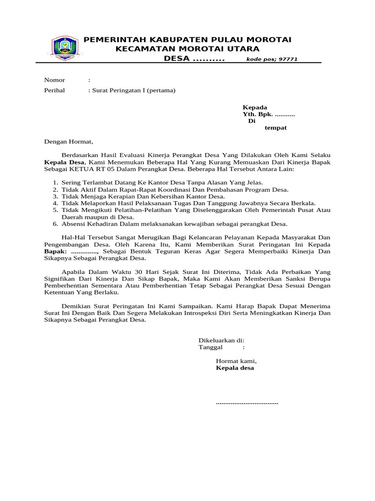 Surat Peringatan Kinerja Perangkat Desa | PDF
