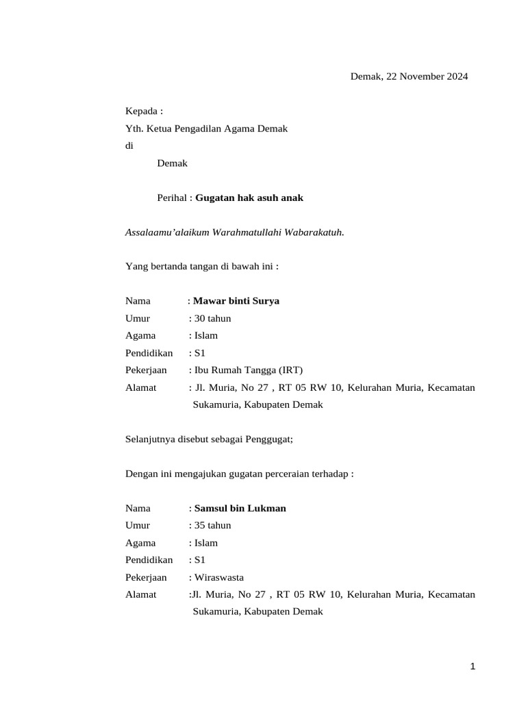 Surat Gugatan Hak Asuh Anak (UTS 5) | PDF