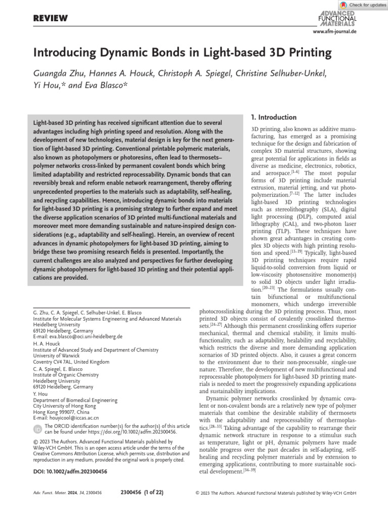 Introducing Dynamic Bonds in Light Based 3D Printing | PDF | Polymers ...